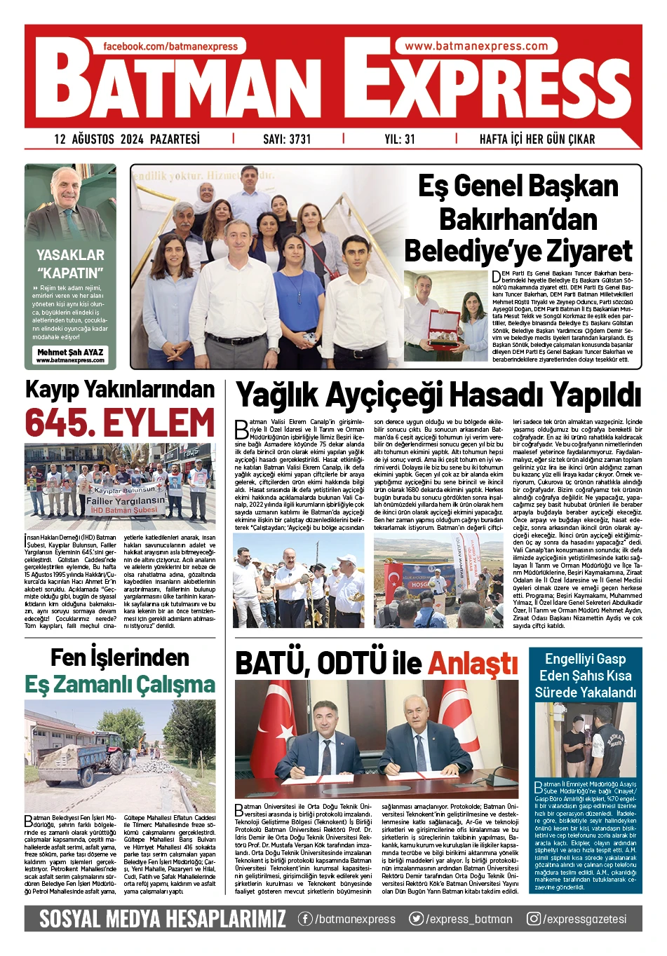 12 AĞUSTOS 2024 PAZARTESİ - Batman Express Gazetesi